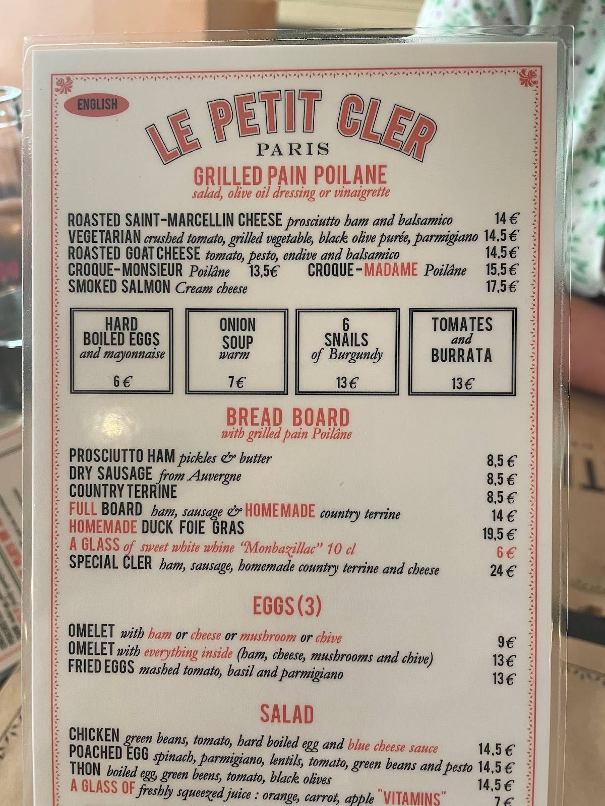 Menu at Le Petit Cler restaurant, Paris, 29 Rue Cler