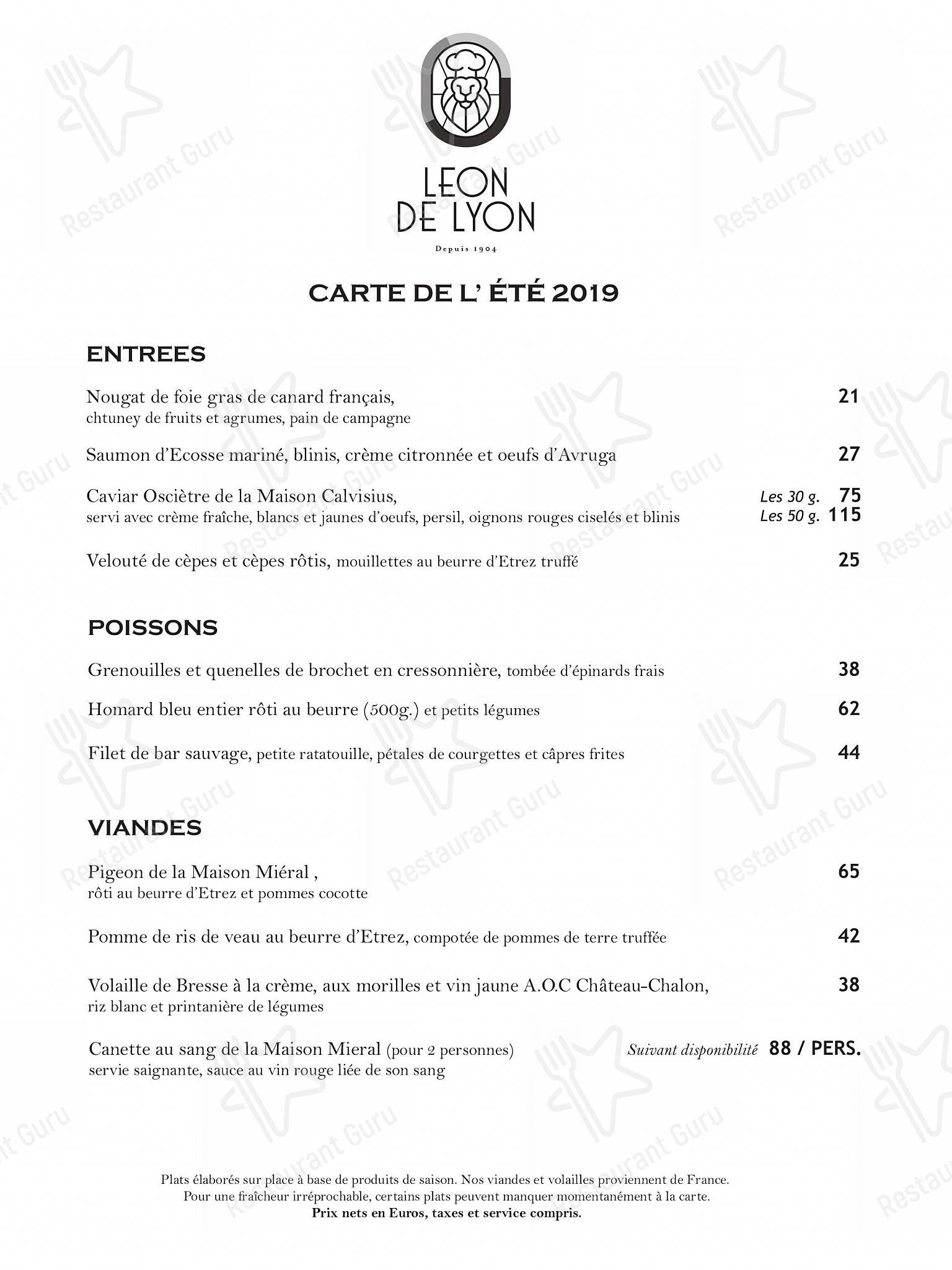 Menu au Léon De Lyon restaurant, Lyon, 1 Rue Pleney