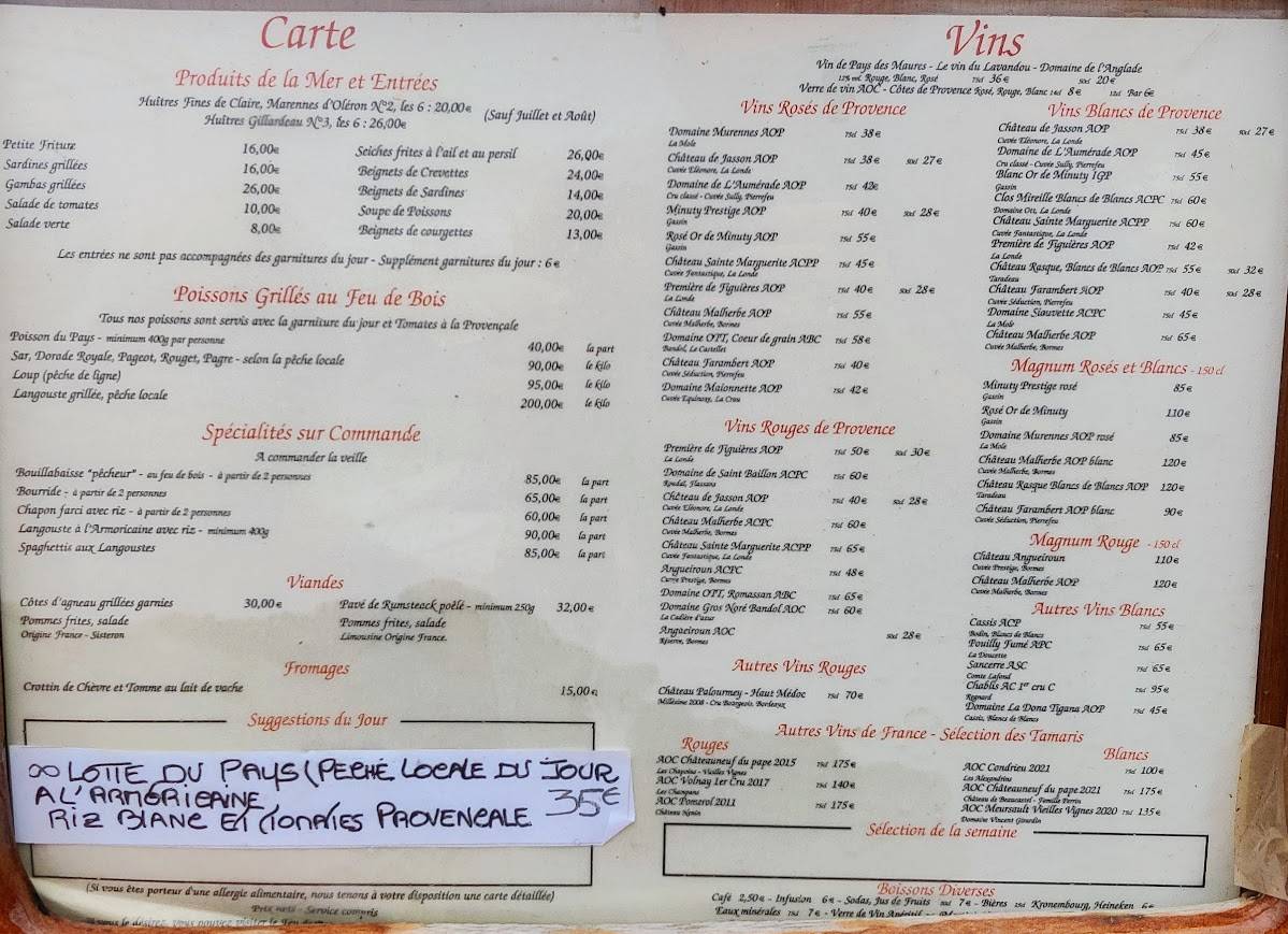 Menu au "Les Tamaris" - Chez Raymond restaurant, Le Lavandou