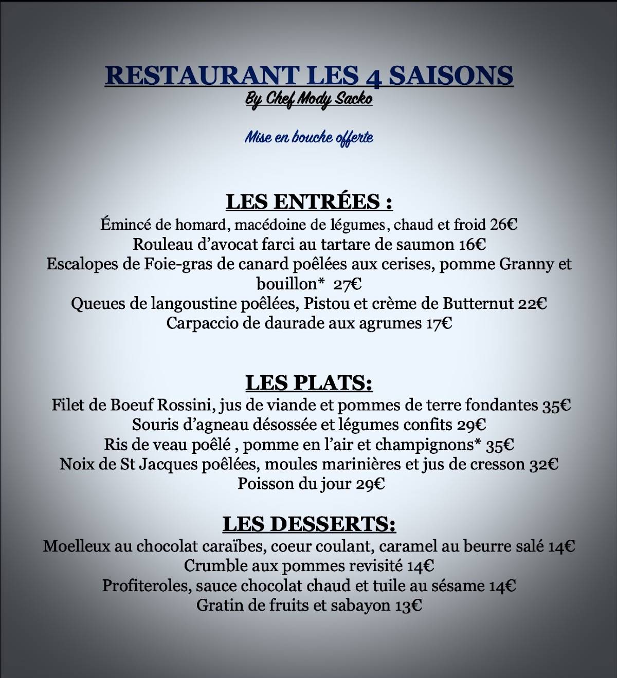 Menu au Restaurant Les quatre saisons, Versailles, 40 Rue Carnot