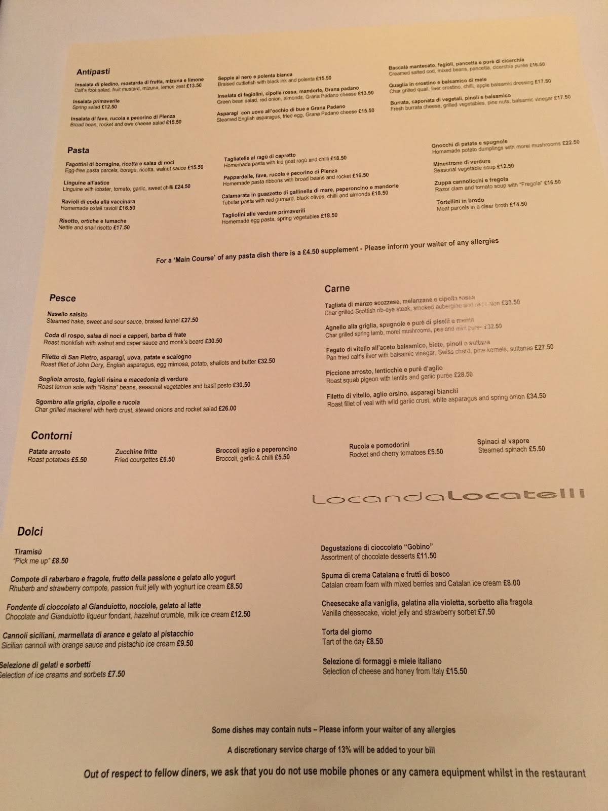 Menu at Locanda Locatelli restaurant, London