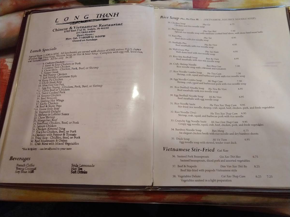 Menu at Long Thanh Restaurant, Indianapolis