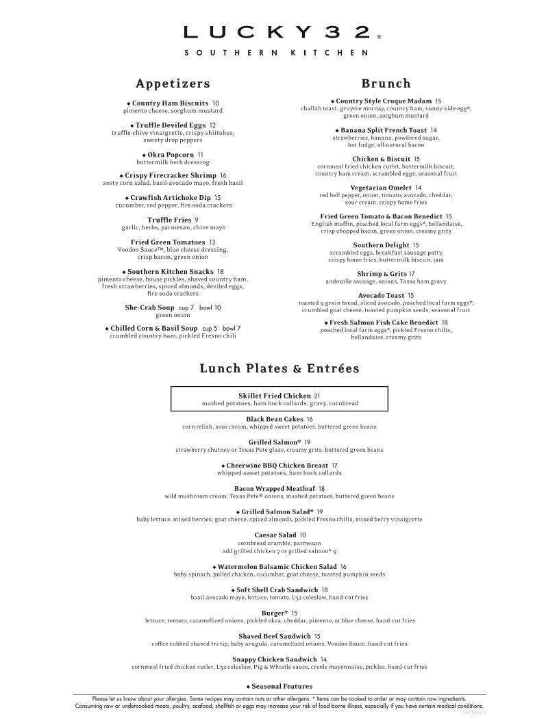 Menu at Lucky 32 Southern Kitchen restaurant, Greensboro