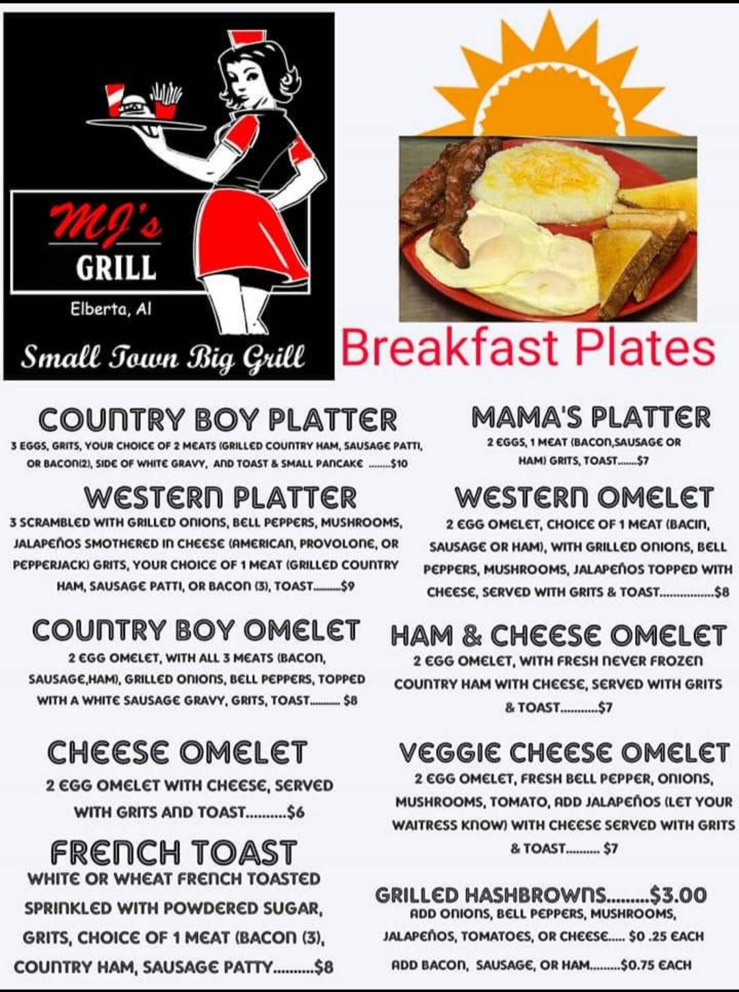 Menu at MJ's Grill restaurant, Elberta