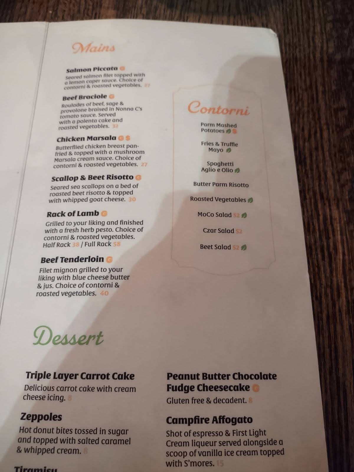 Menu at MOCO Downtown restaurant, Fredericton, 100 Regent St