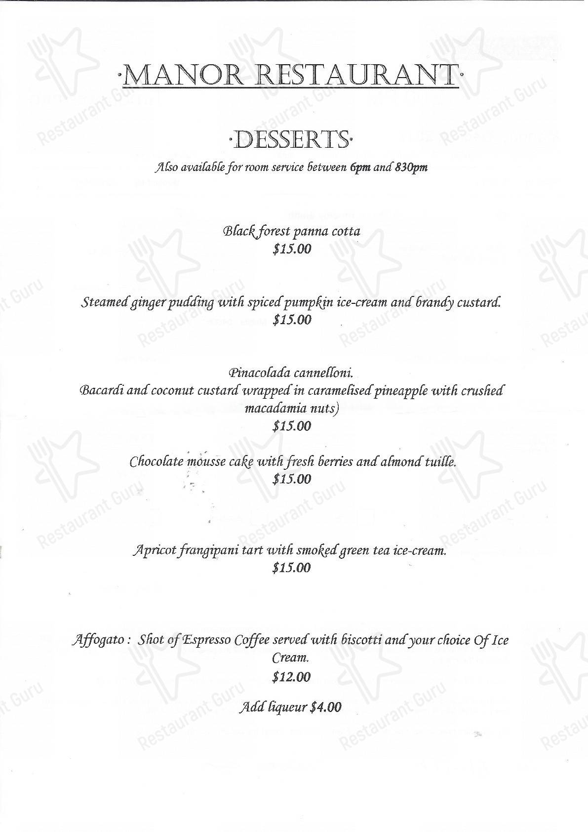 Menu at Manor Restaurant at Cotswold Gardens, Armidale