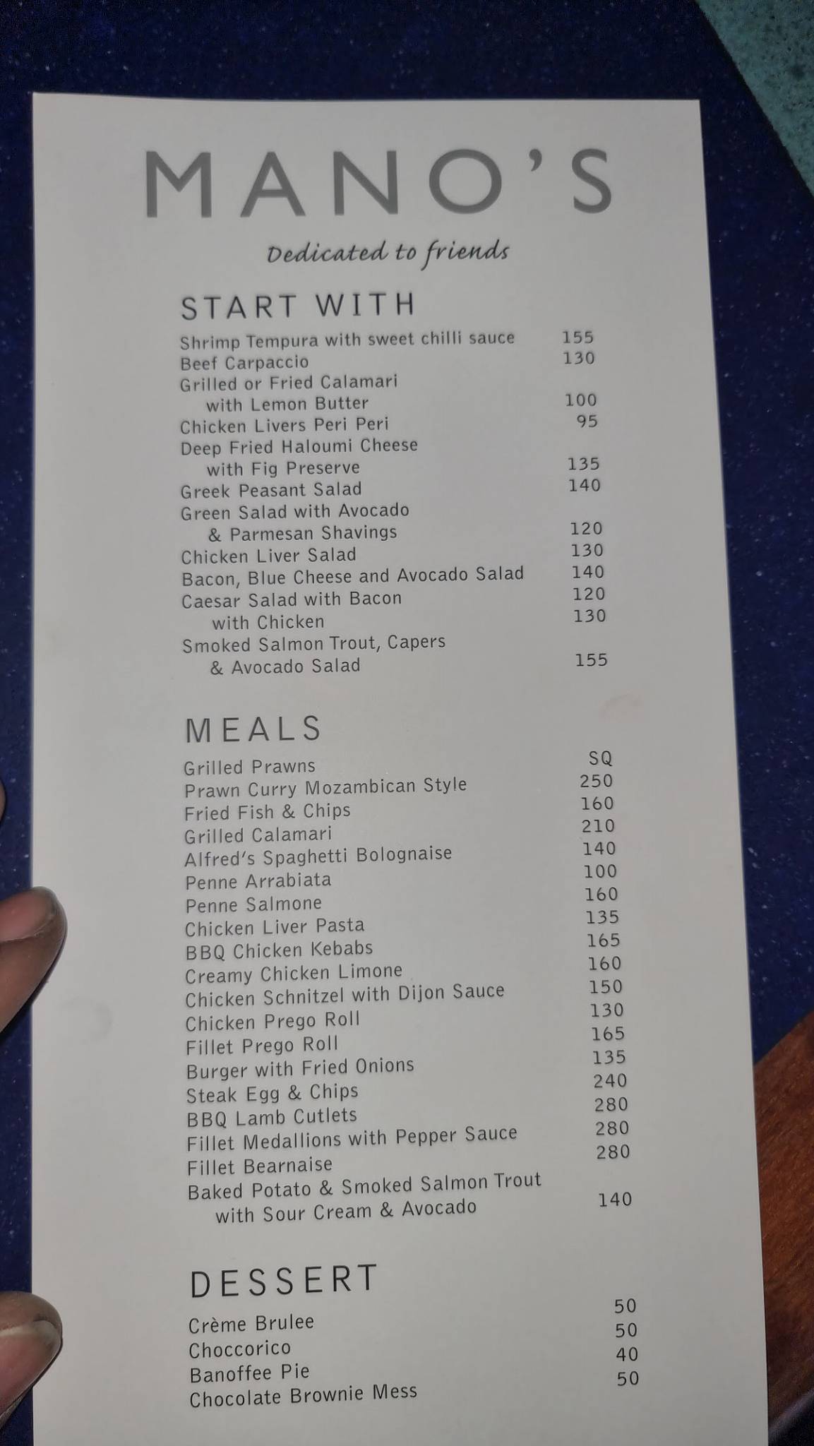 Menu at Mano's restaurant, Cape Town