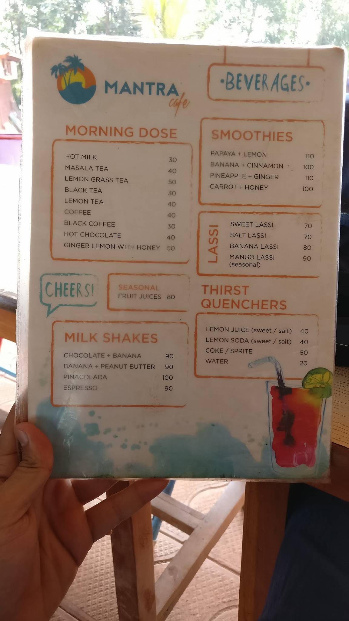 Menu at Mantra Cafe, Gokarna