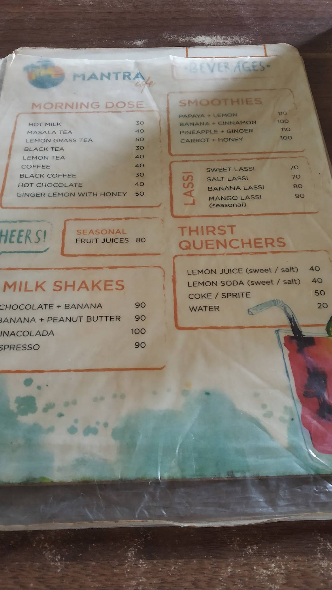 Menu at Mantra Cafe, Gokarna