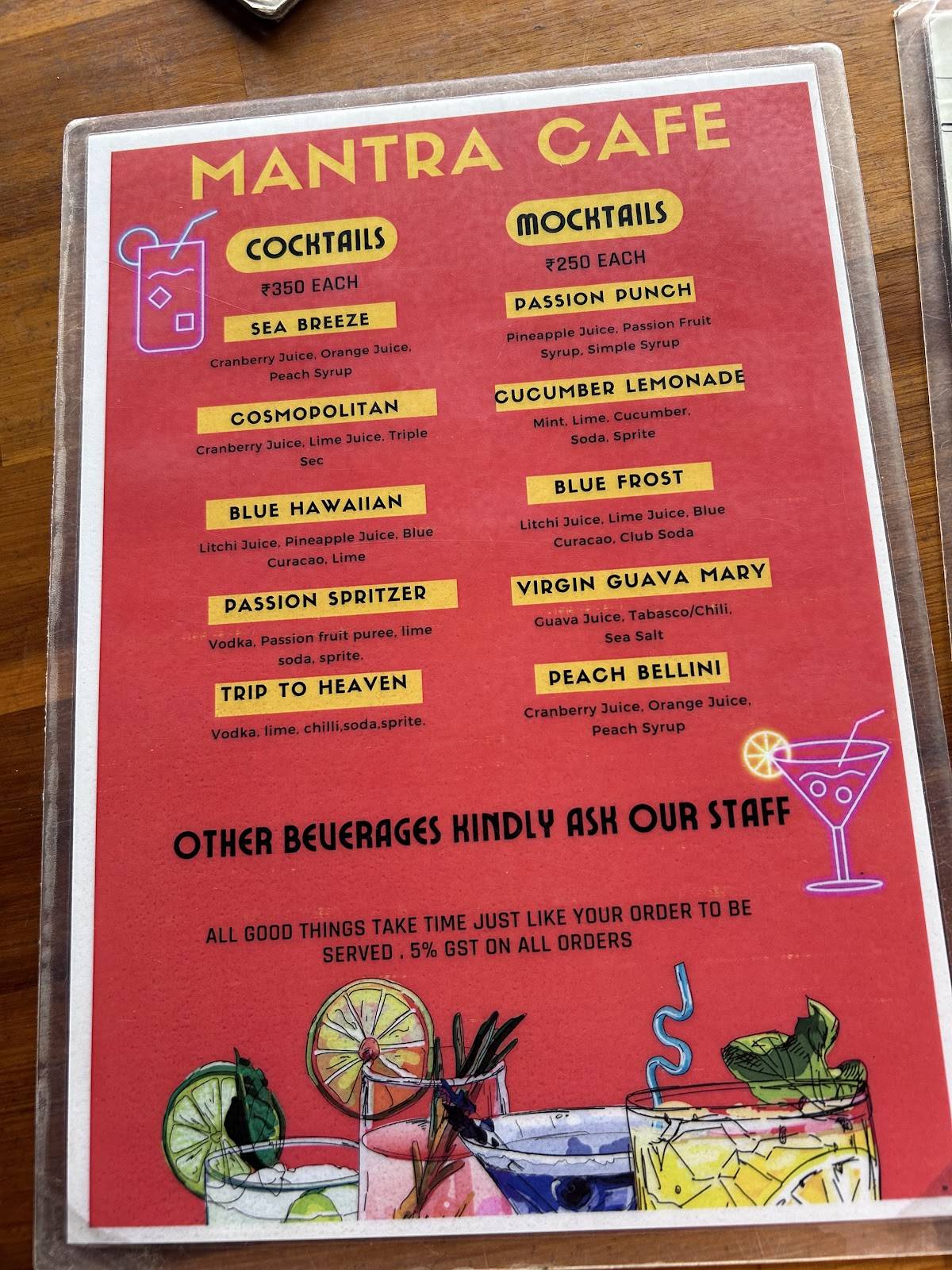 Menu at Mantra Cafe, Gokarna