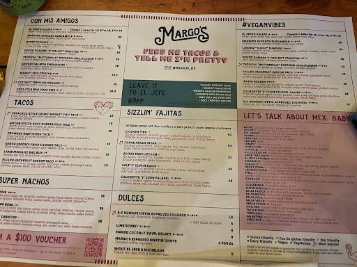 Menu at Margo's Queenstown restaurant, Queenstown