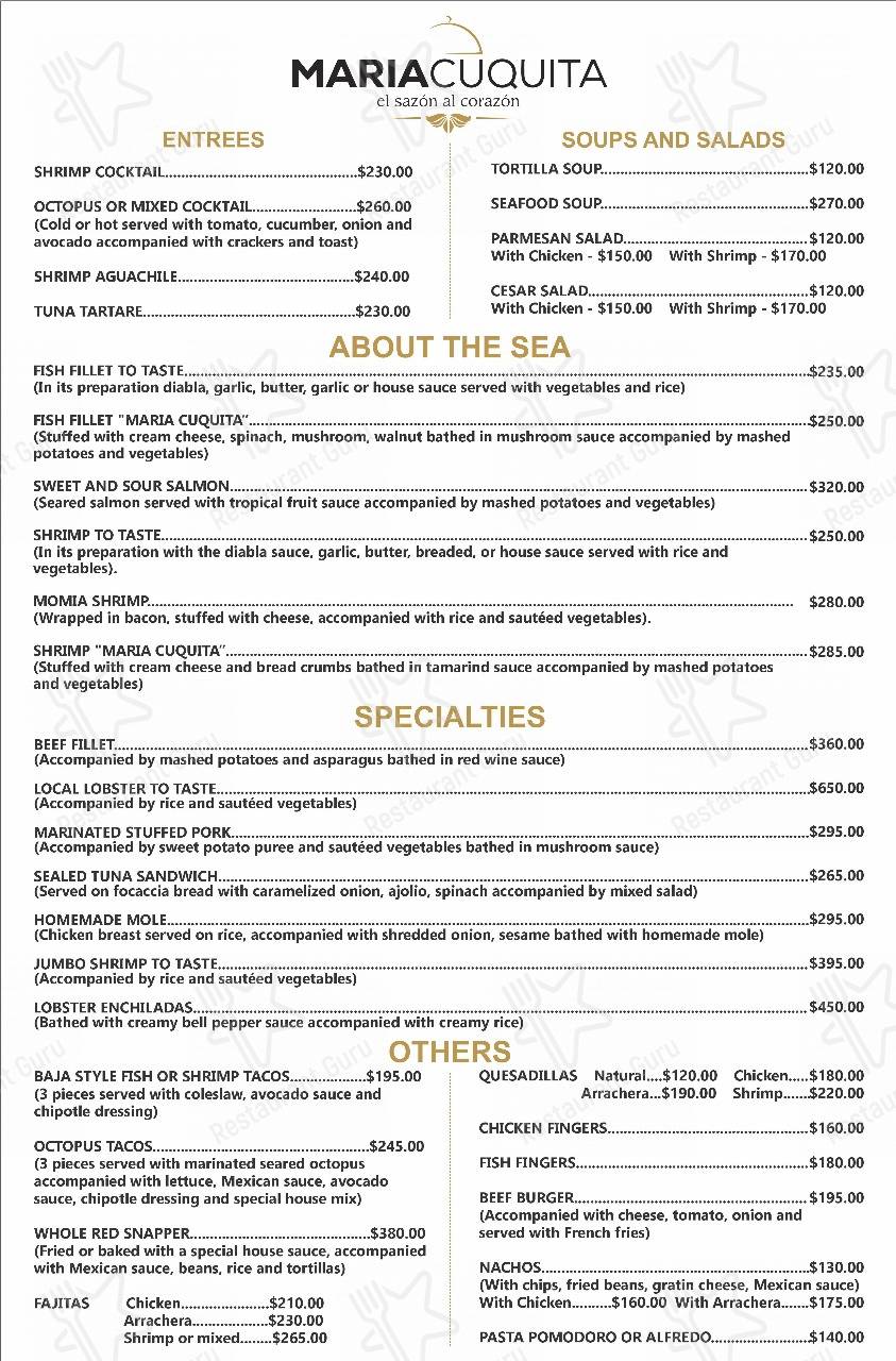 Menu at Restaurant María Cuquita, Mismaloya