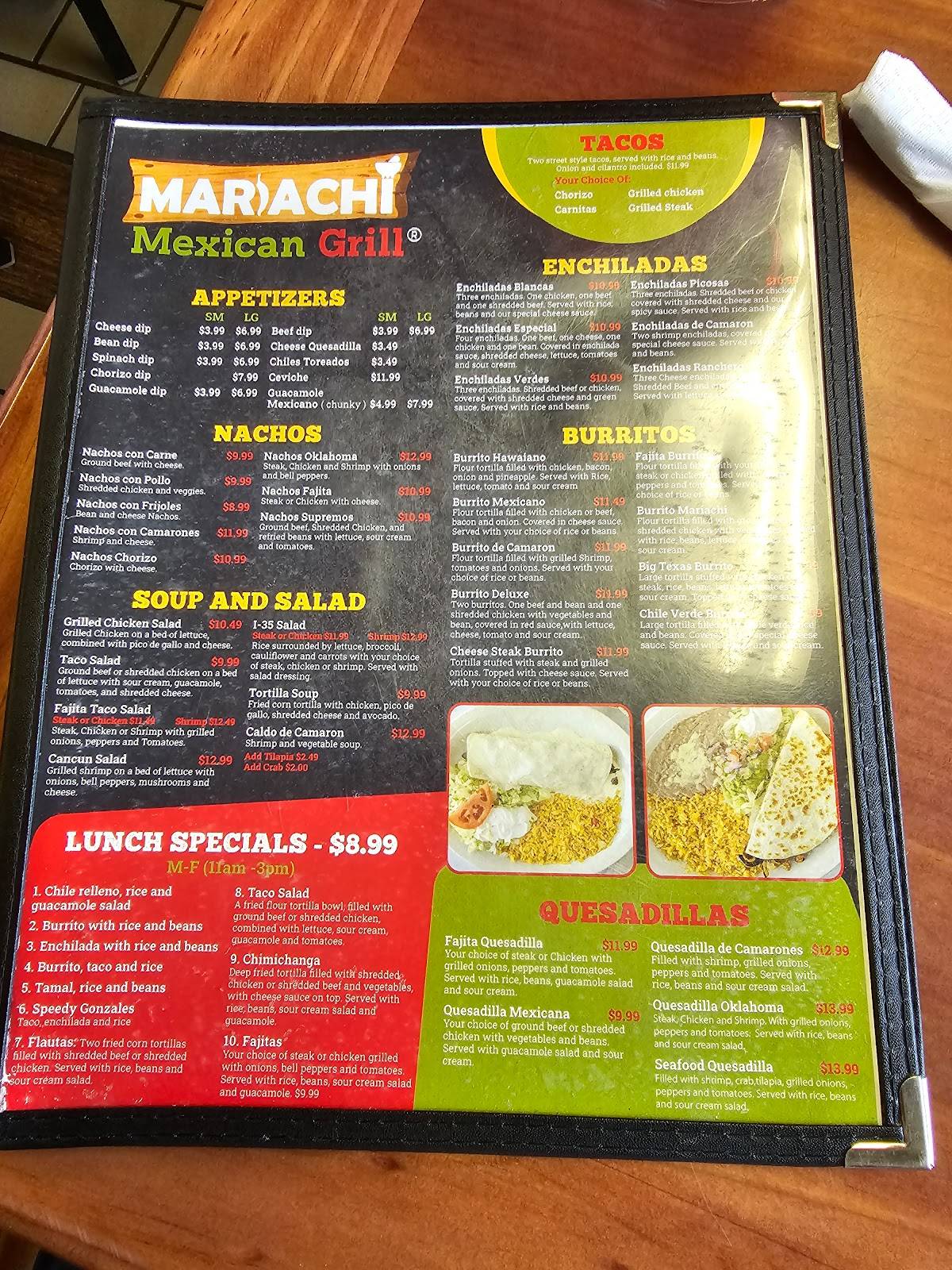 Menu at Mariachi Mexican Grill restaurant, Perry