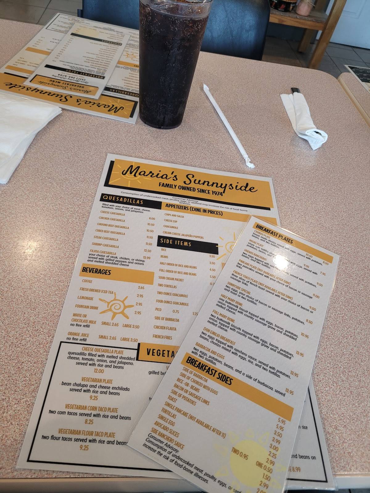 Menu at Maria’s Sunnyside Cafe, Adrian