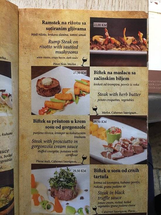 Menu at Marco Polo restaurant, Banja Luka