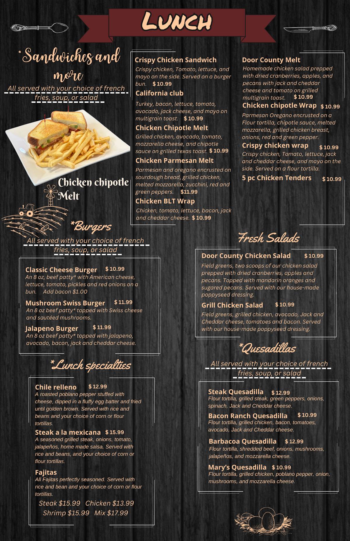Menu at Mary's Cafe, Milton