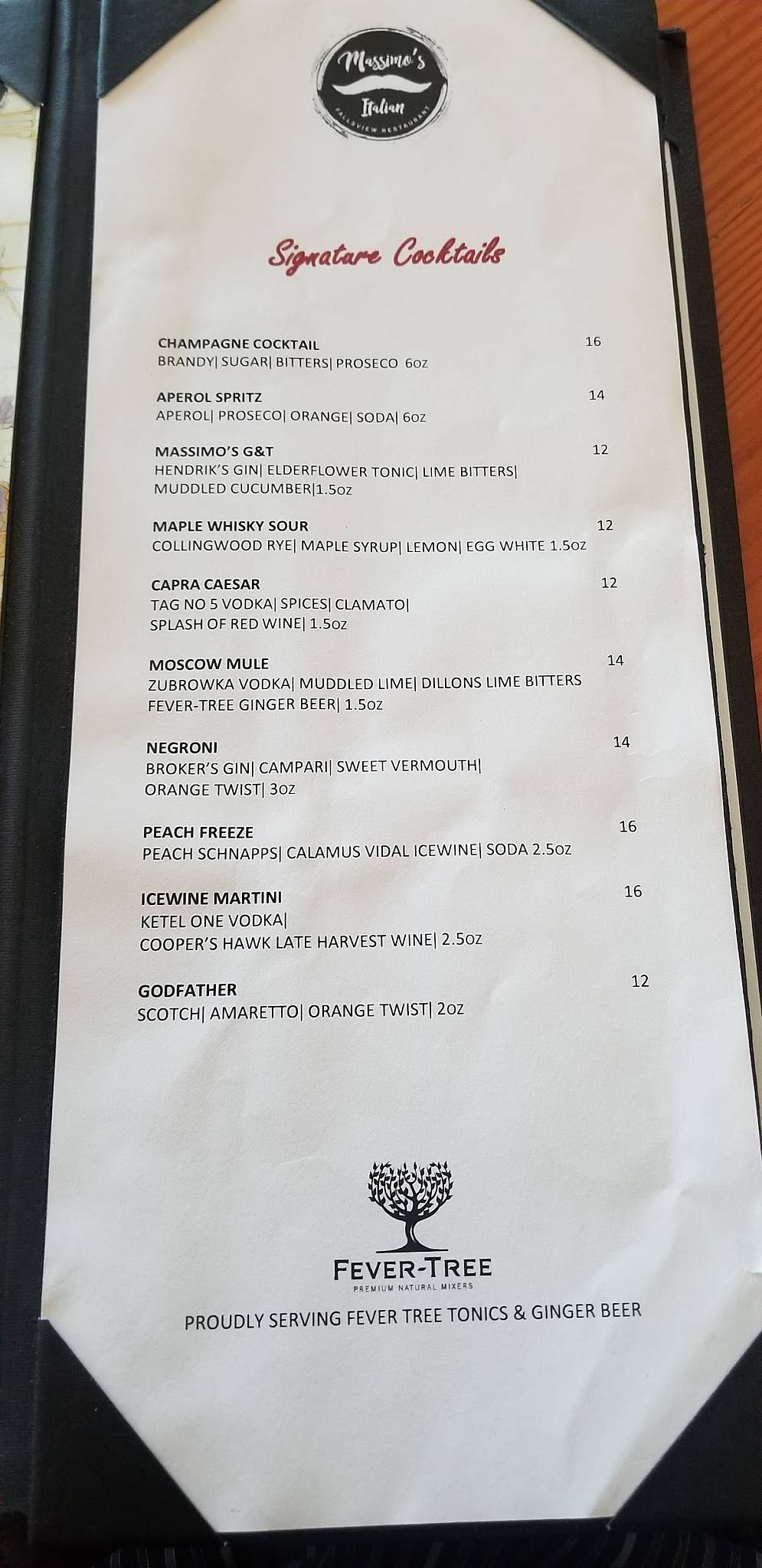 Menu at Massimo’s Italian Fallsview Restaurant, Niagara Falls
