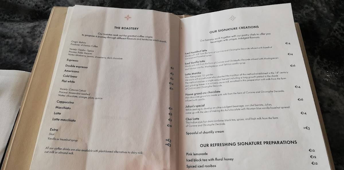 Menu at Maxime Frédéric chez Louis Vuitton restaurant, Paris