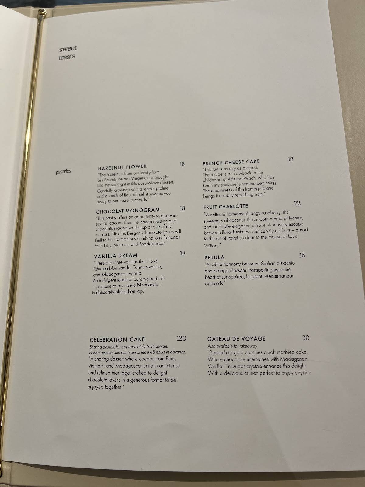 Menu at Maxime Frédéric chez Louis Vuitton restaurant, Paris