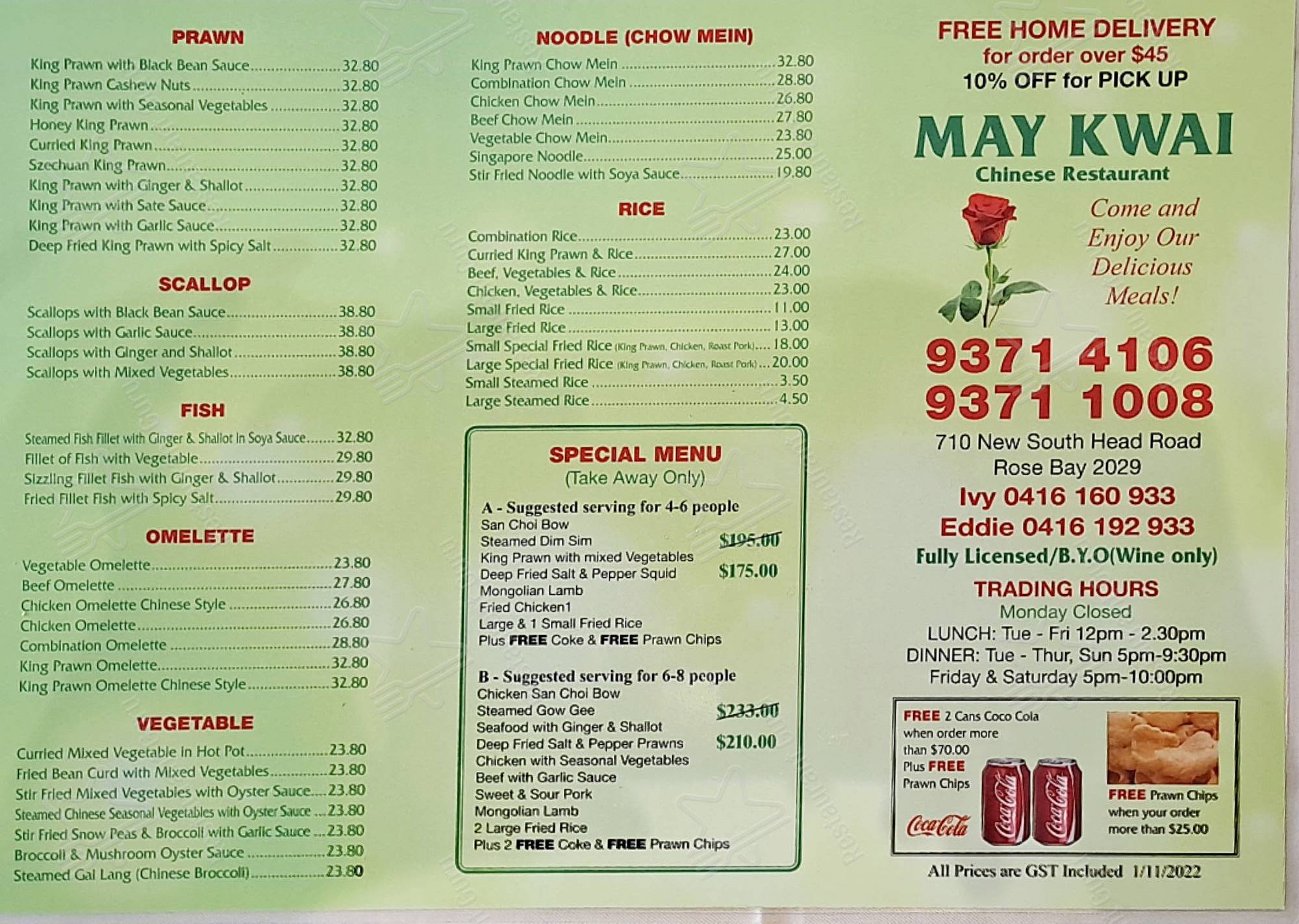 Menu at May Kwai Chinese Restaurant, Rose Bay