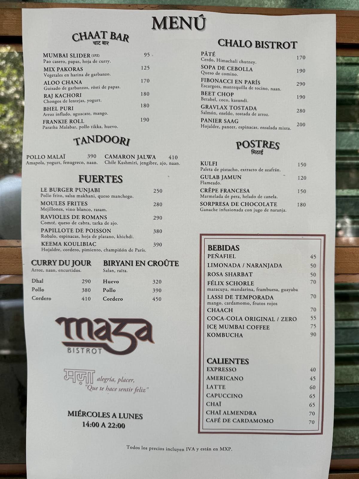 Carta del restaurante Maza Bistrot, Ciudad del México