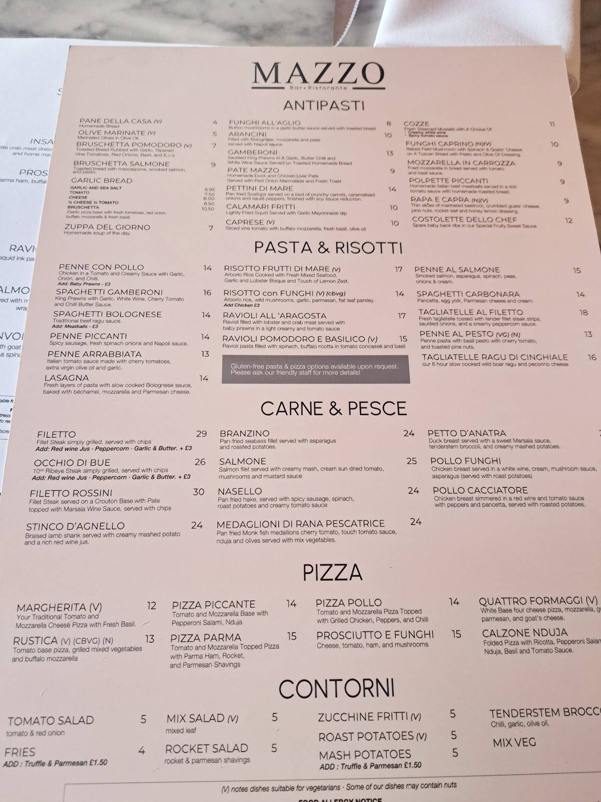 Menu at Mazzo restaurant, Oldham