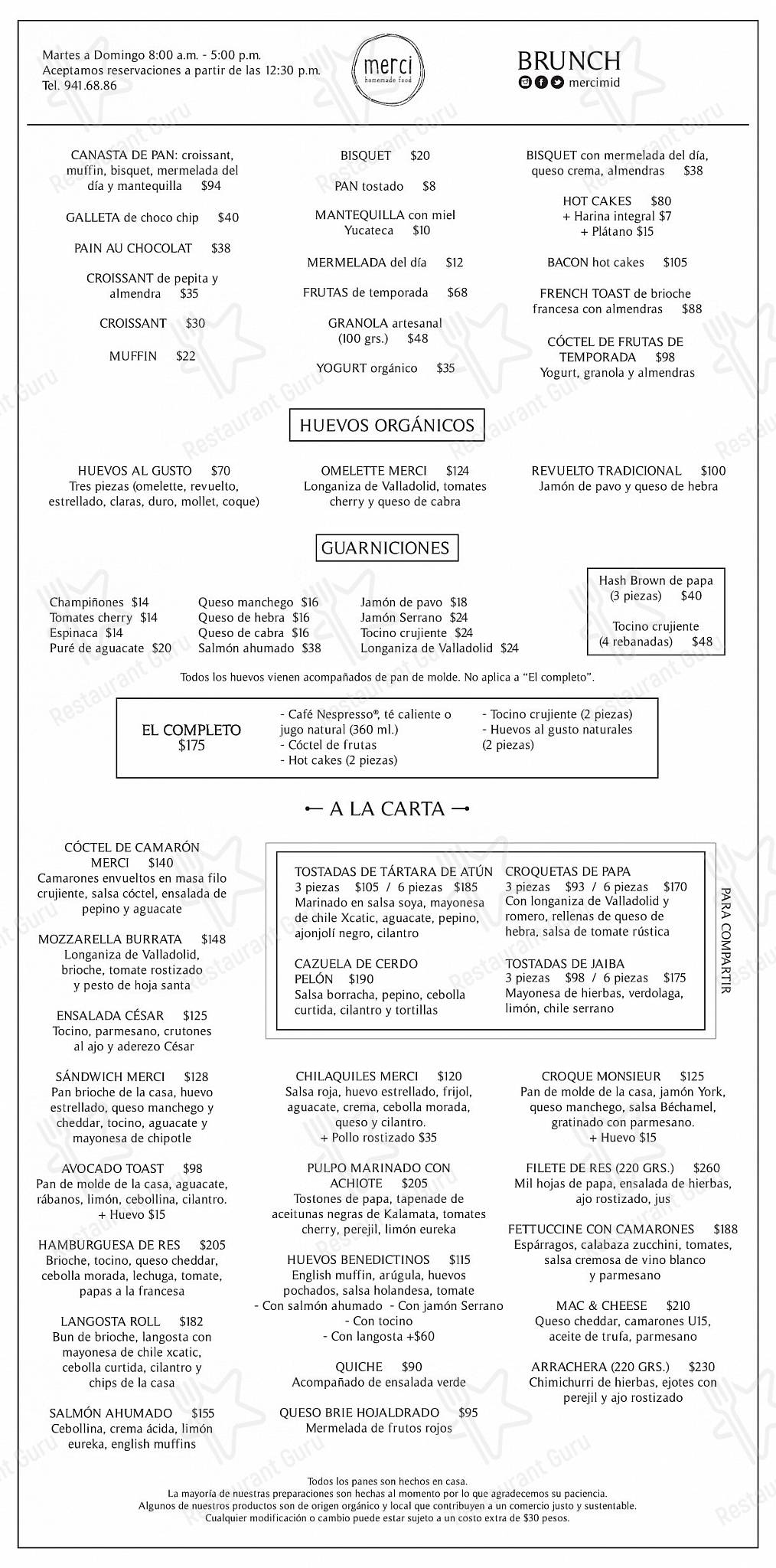 Menu at Merci - Homemade food restaurant, Merida, Plaza San Angelo