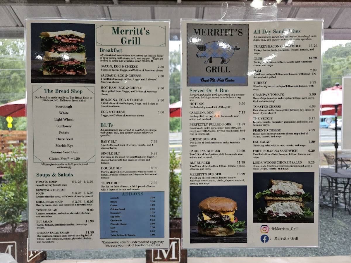 Menu at Merritt's Grill restaurant, Chapel Hill
