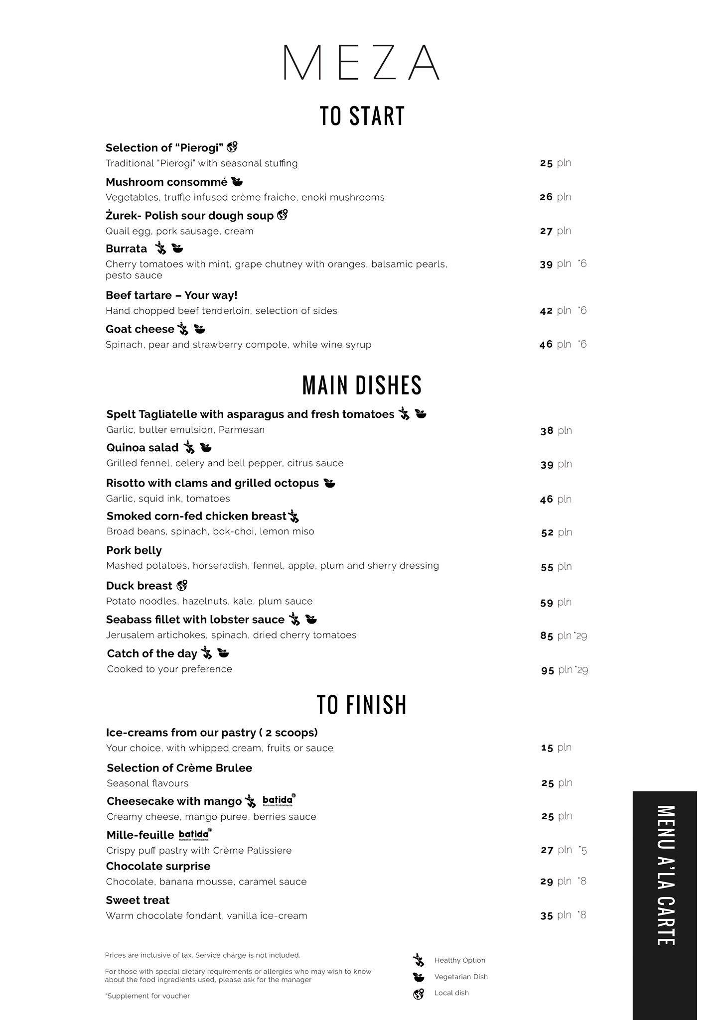 Menu at Meza restaurant, Warsaw