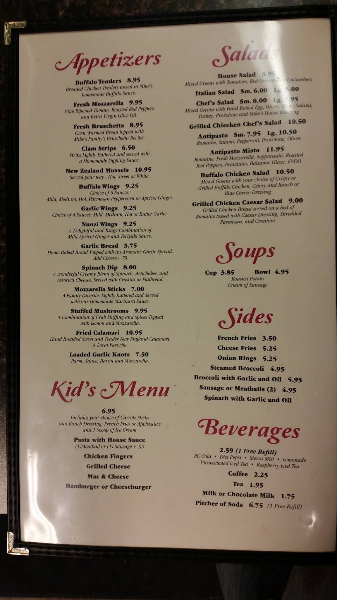 Menu at Mike's Pizzeria, Hawley