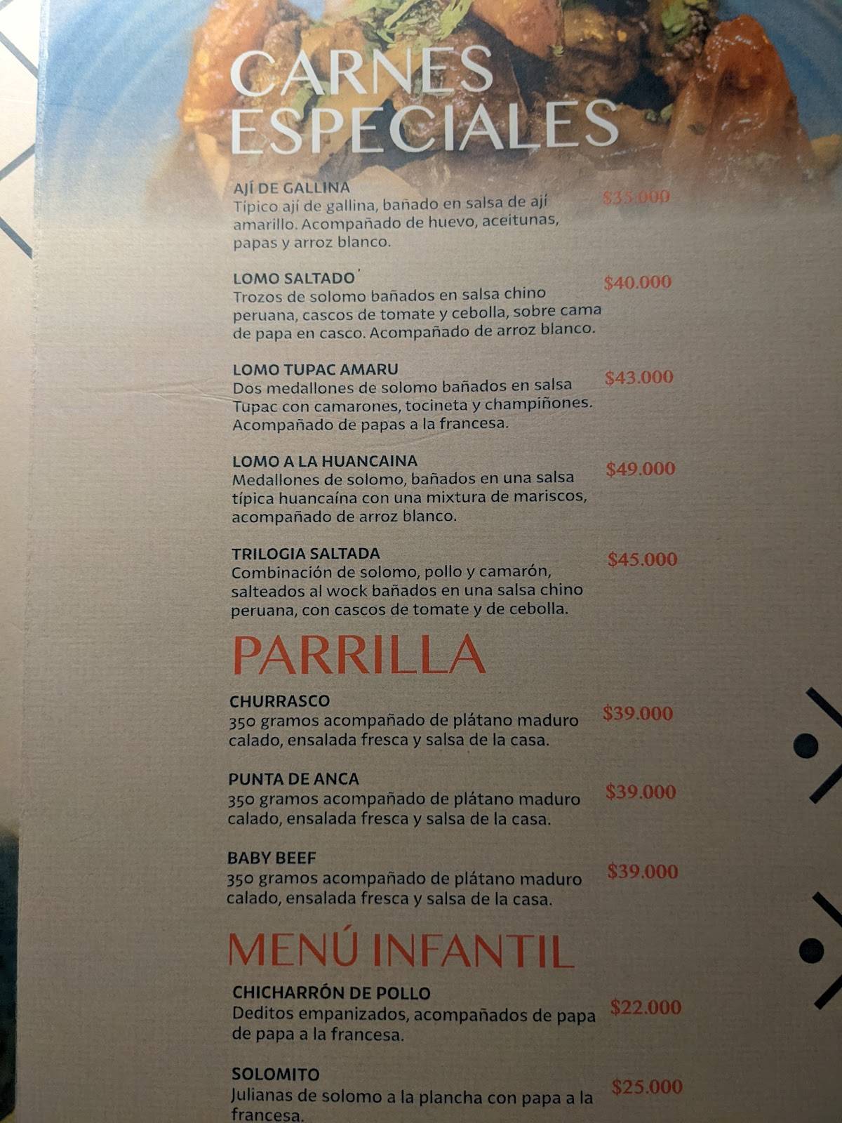 Menu at Mikhuna Comida Peruana restaurant, Santa Rosa de Cabal