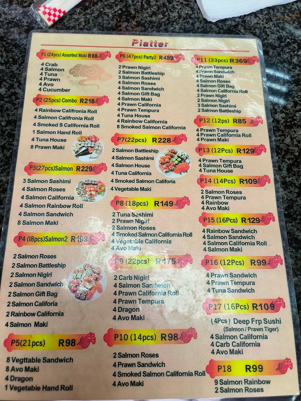 Menu at Ming Woo sushi bar, Pretoria