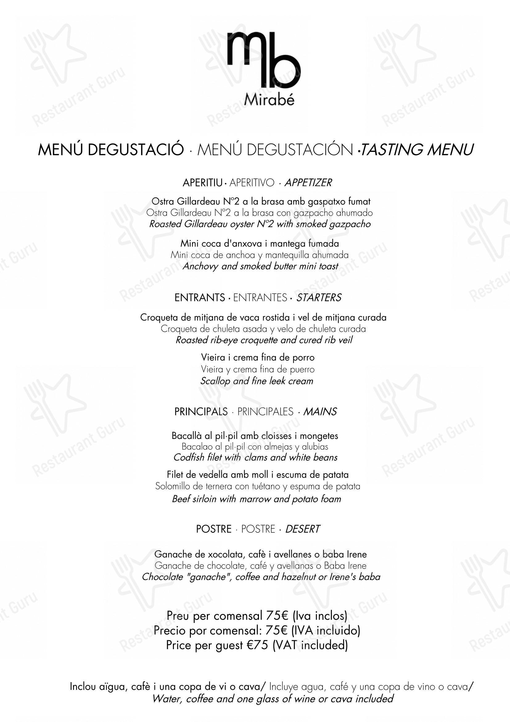 Menu at Restaurant Mirabé, Barcelona, C. de Manuel Arnús
