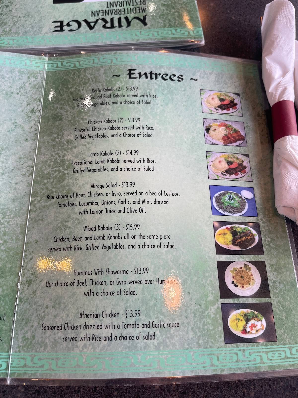Menu at Mirage Mediterranean restaurant, Louisville