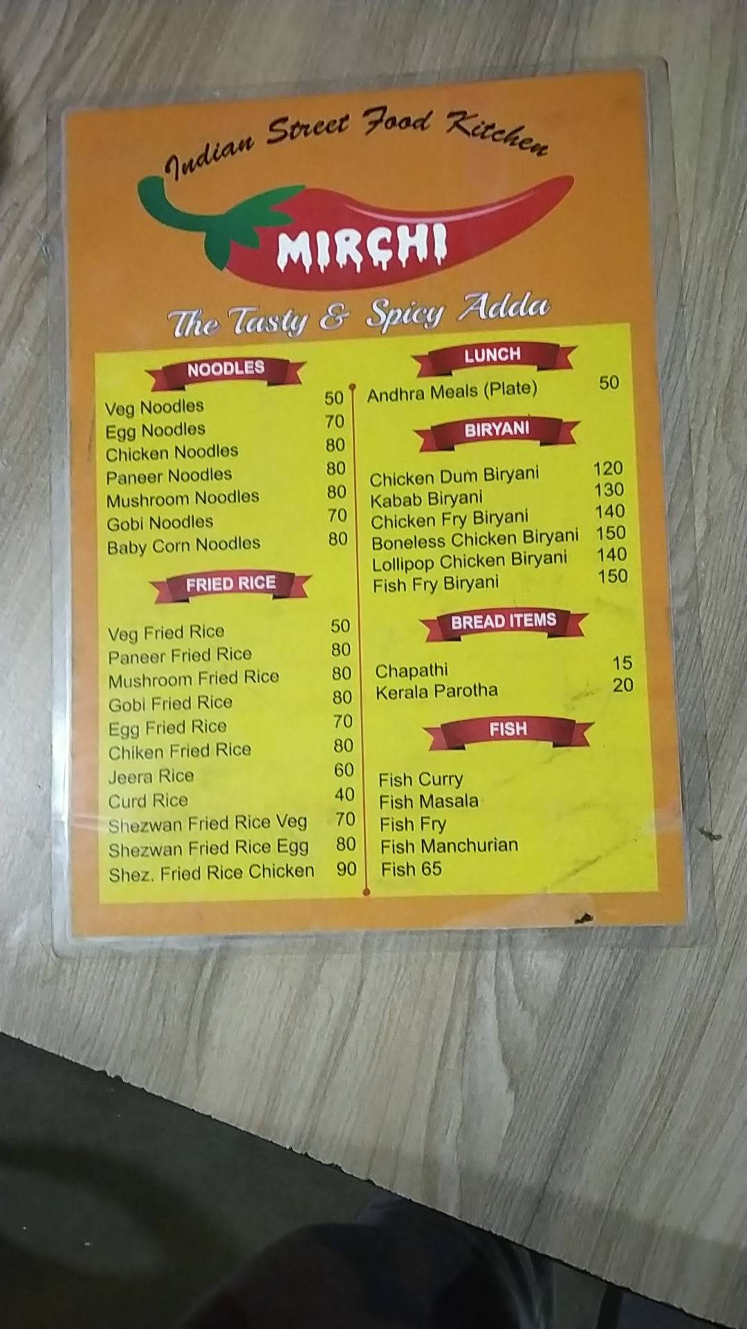 Menu at Mirchi The Indian Street Food Kitchen, Bengaluru