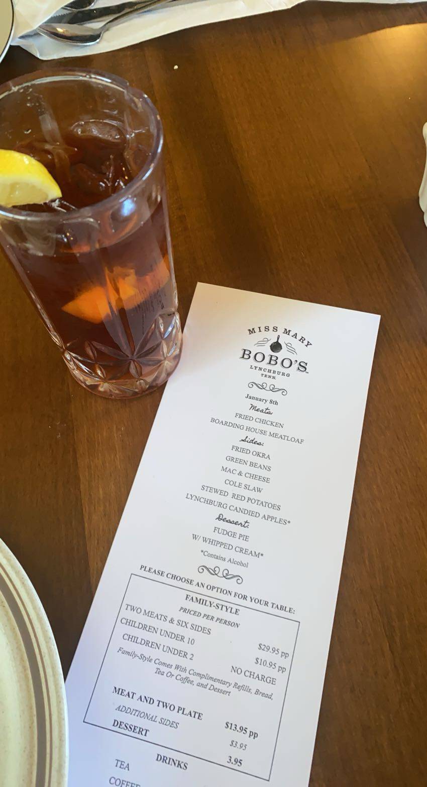 Menu at Miss Mary Bobo's Restaurant, Lynchburg