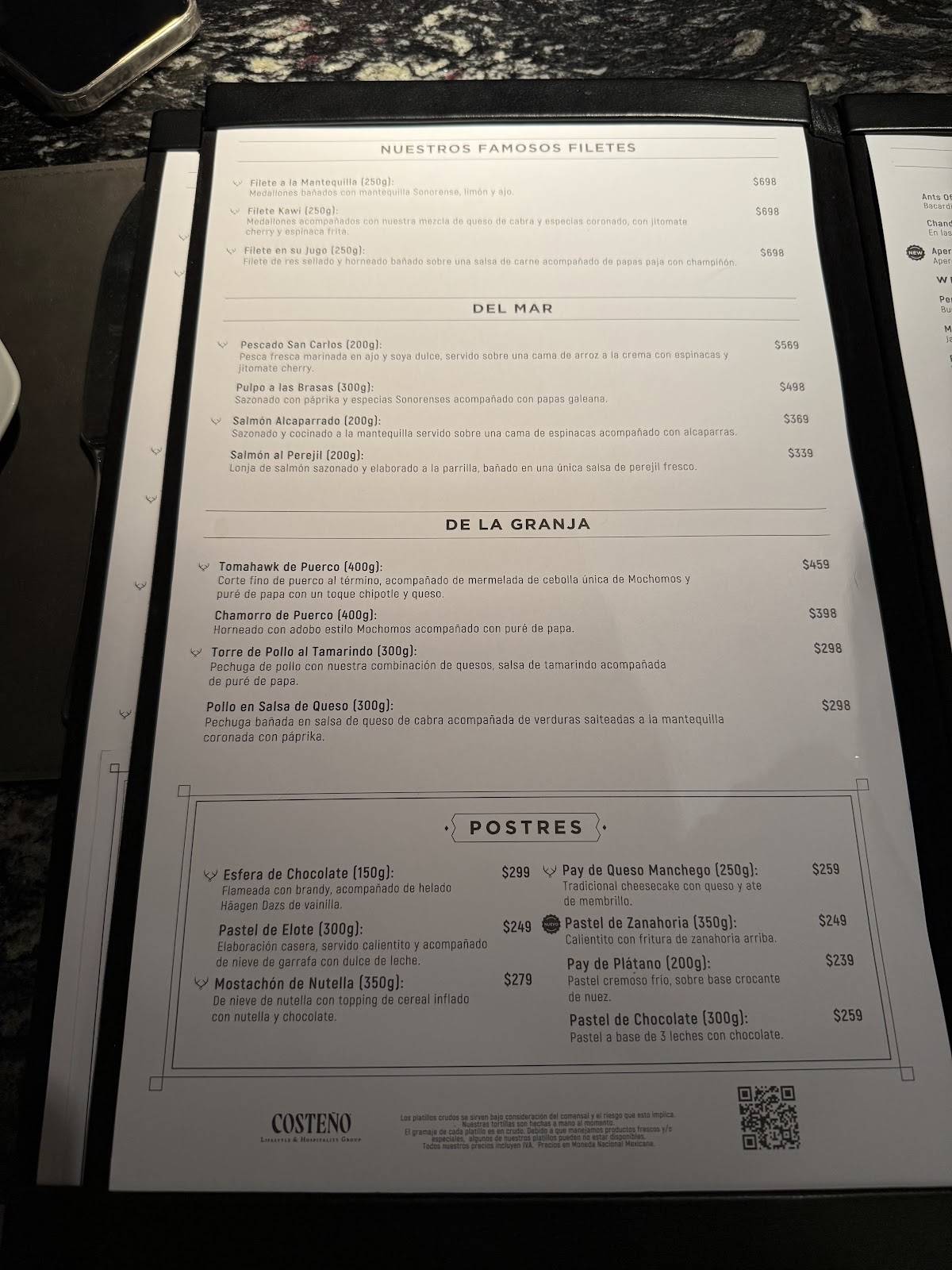 Menu at Mochomos Arcos Bosques restaurant, Mexico City