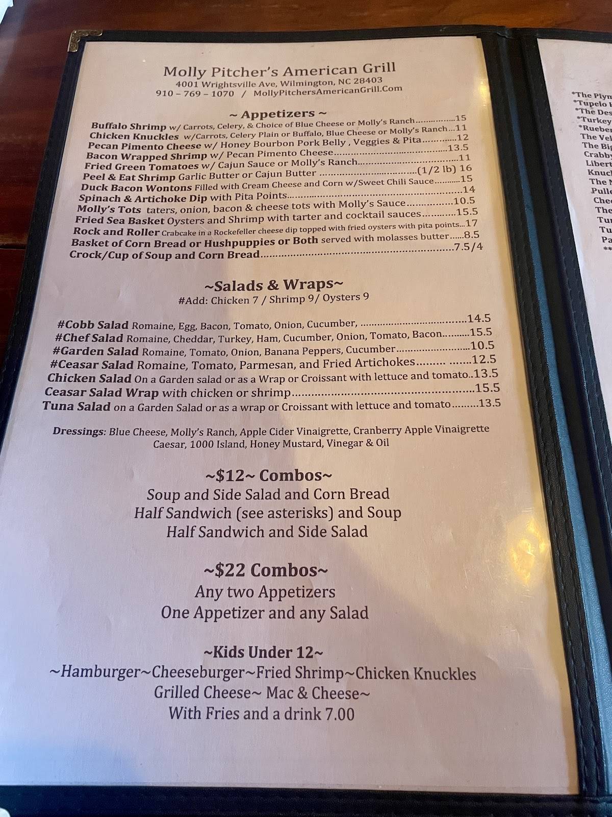 Menu at Molly Pitcher's American Grill restaurant, Wilmington