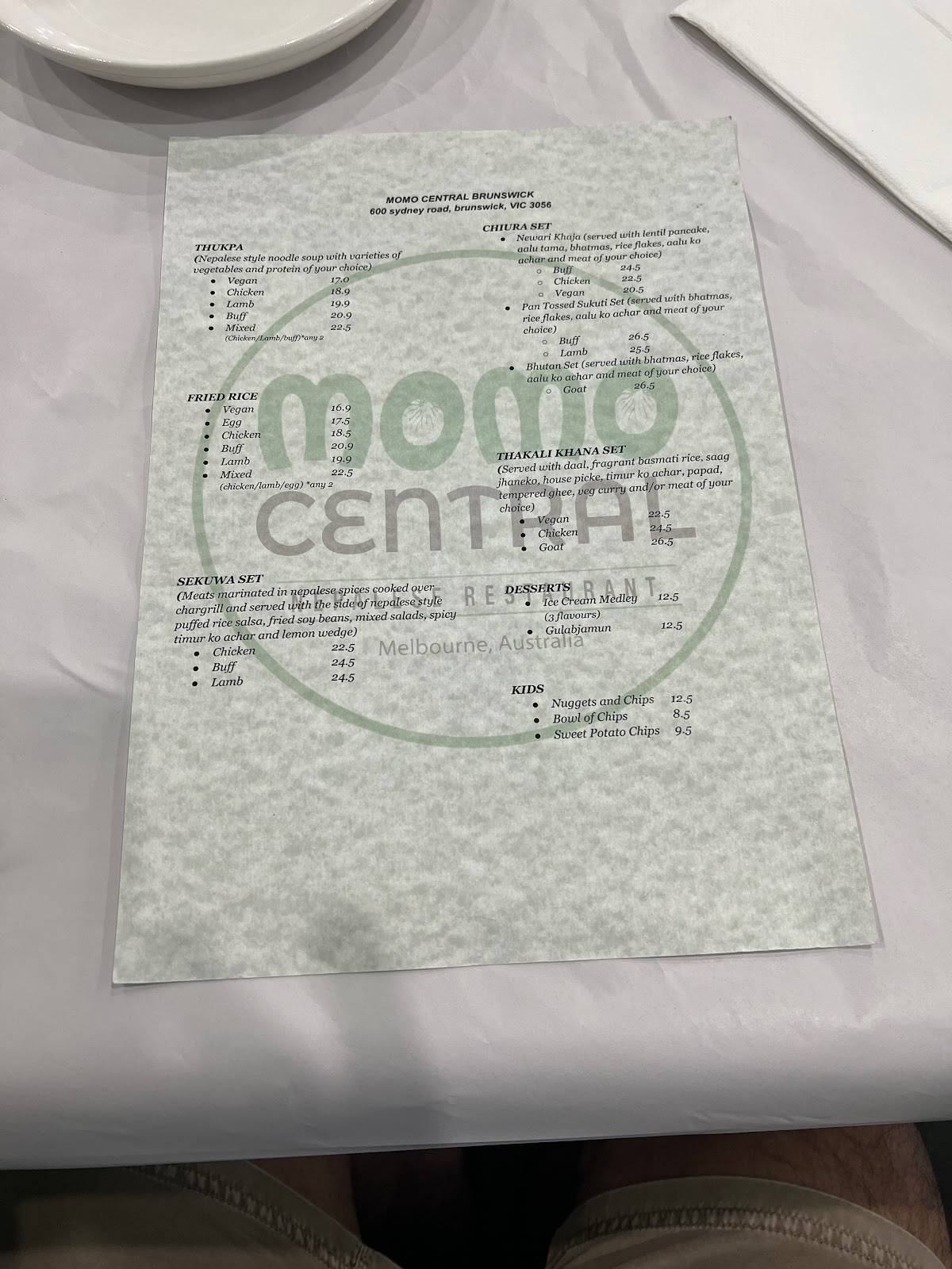 Menu at Momo Central Brunswick restaurant, Brunswick