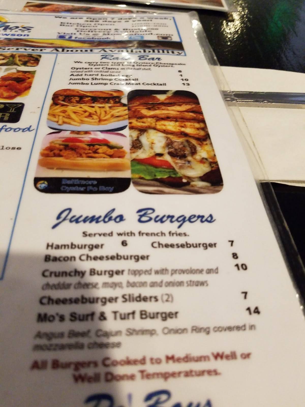 Menu at Mo's Seafood restaurant, Towson, E Joppa Rd