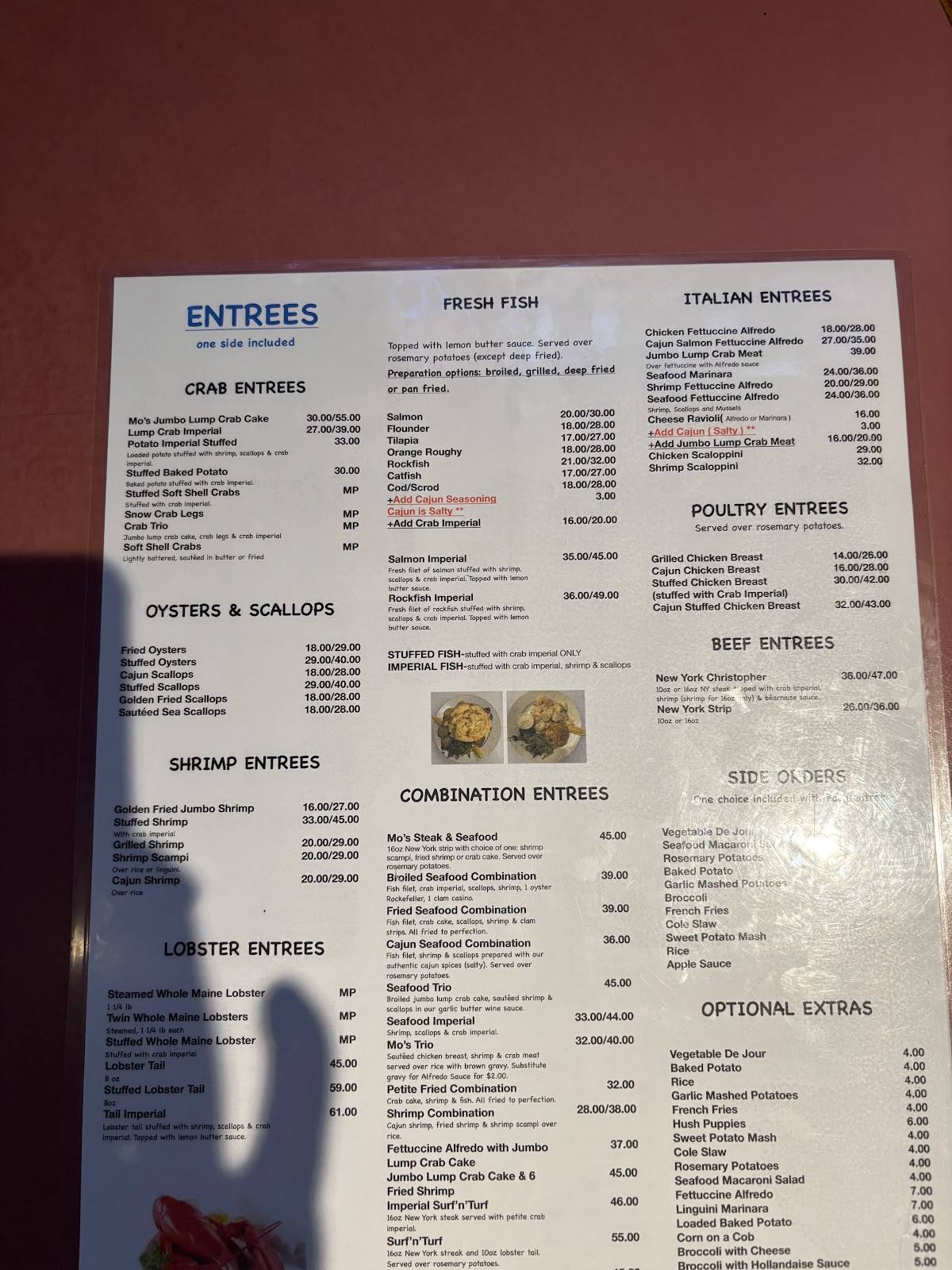Menu at Mo's Seafood restaurant, Towson, E Joppa Rd