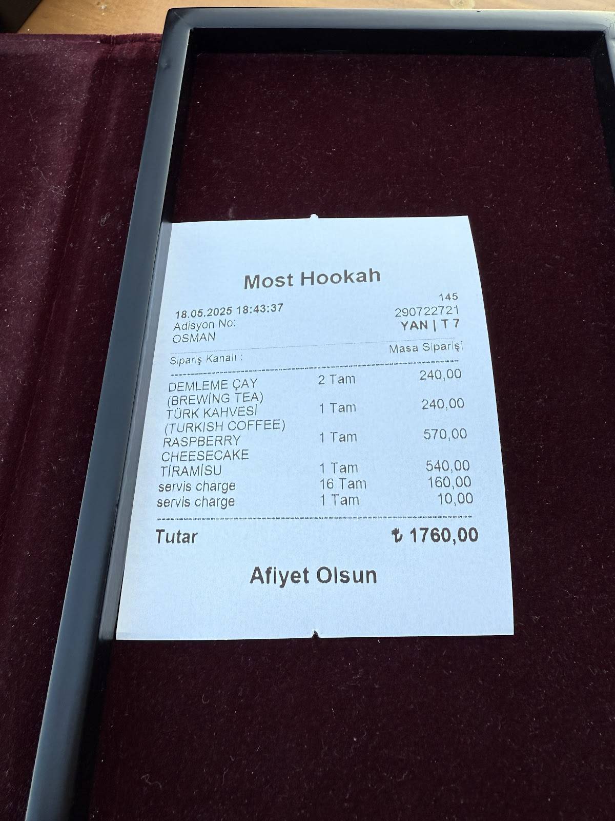 Menu at Most Hookah, Istanbul