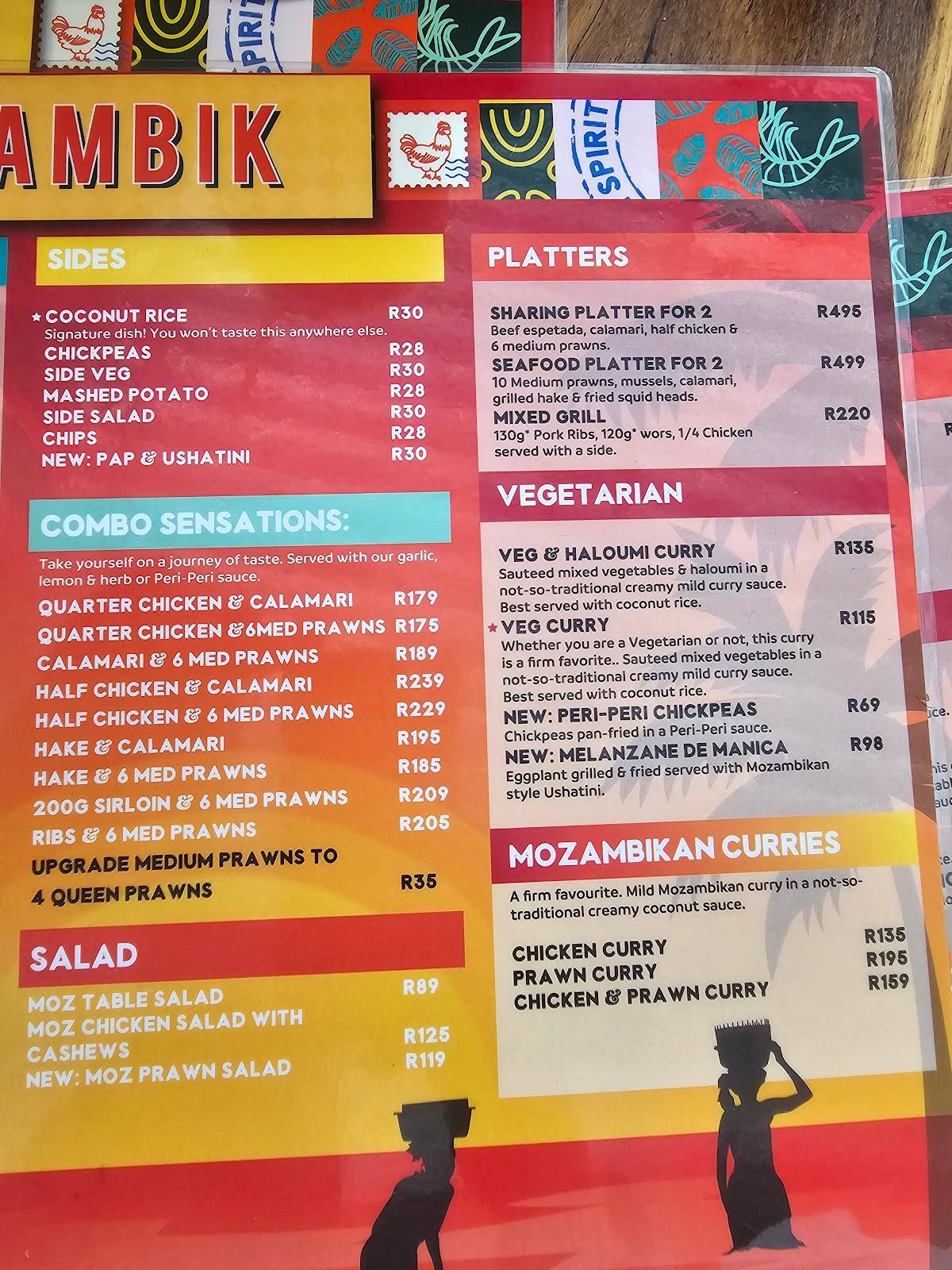 Menu at Mozambik V & A Waterfront restaurant, Cape Town