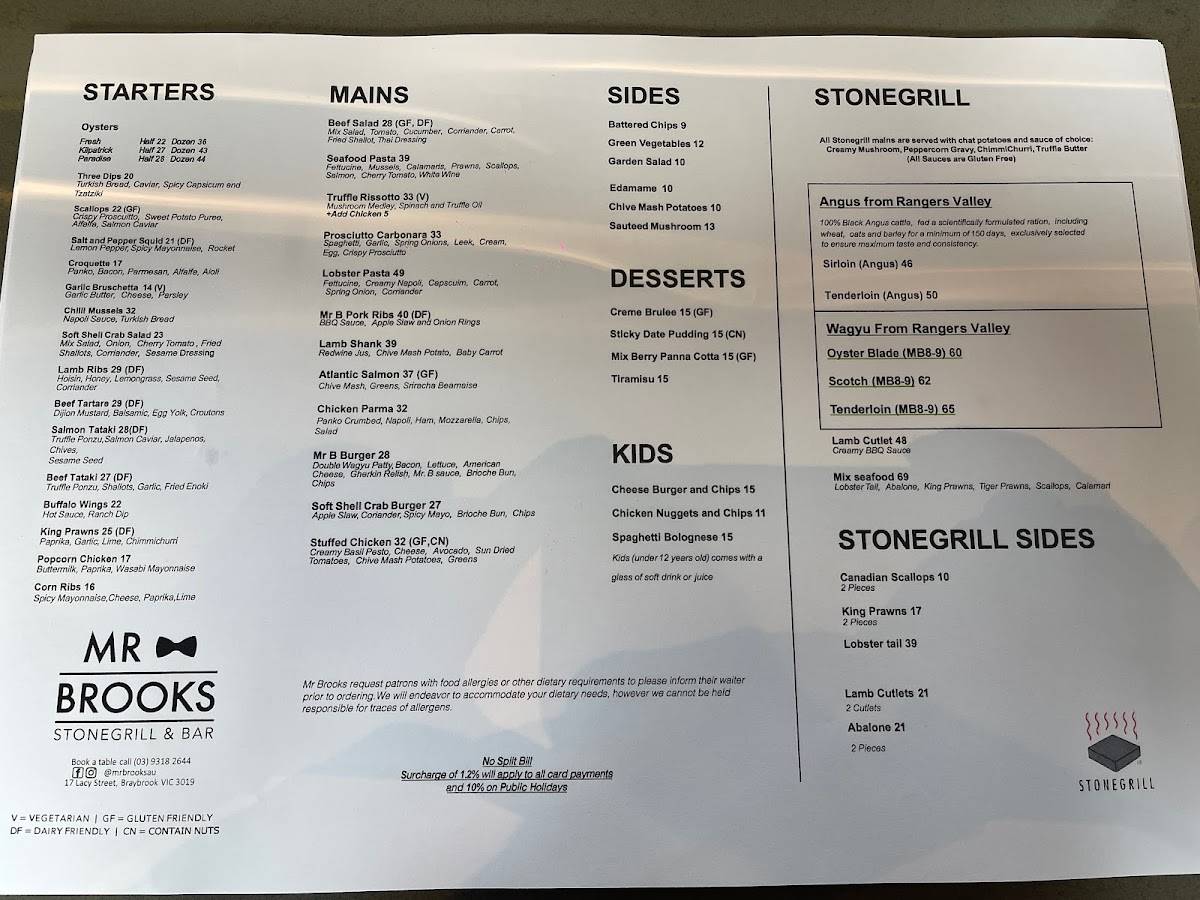 Menu at Mr Brooks Stonegrill & Bar, Braybrook