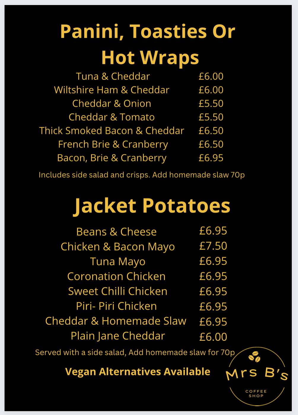 Menu at Mrs B's Coffee Shop, Bristol