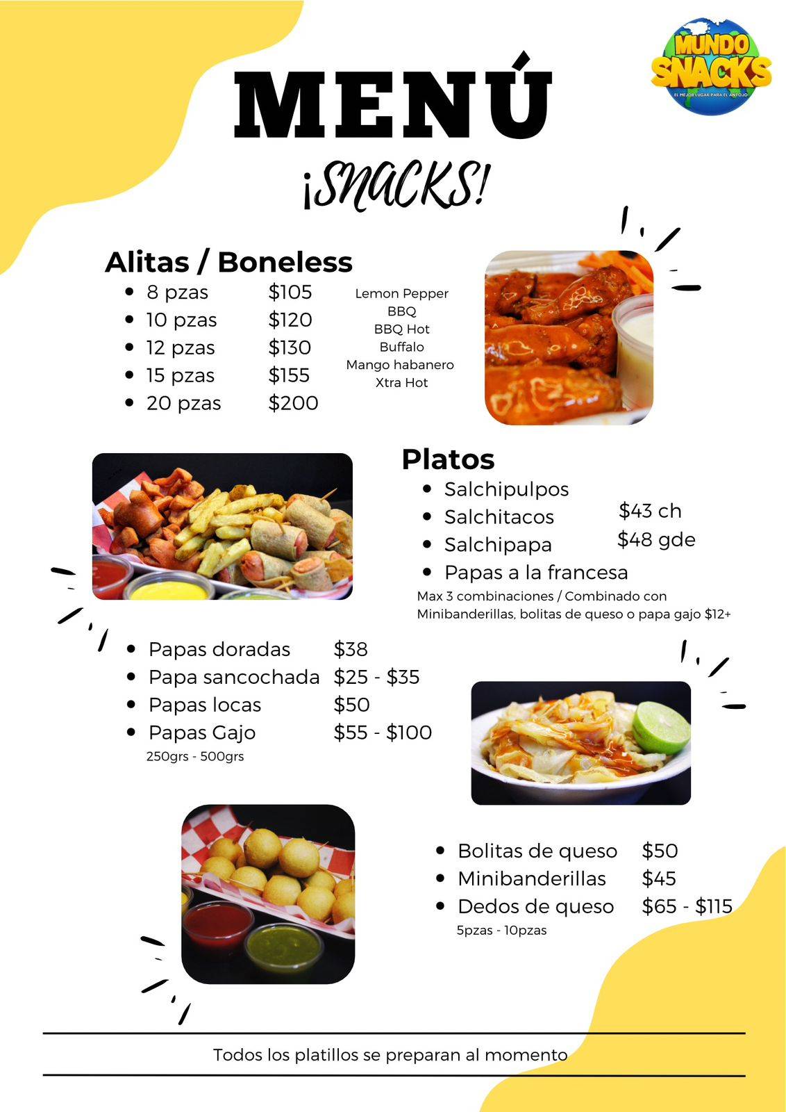 Menu at Mundo Snack's restaurant, Guadalajara