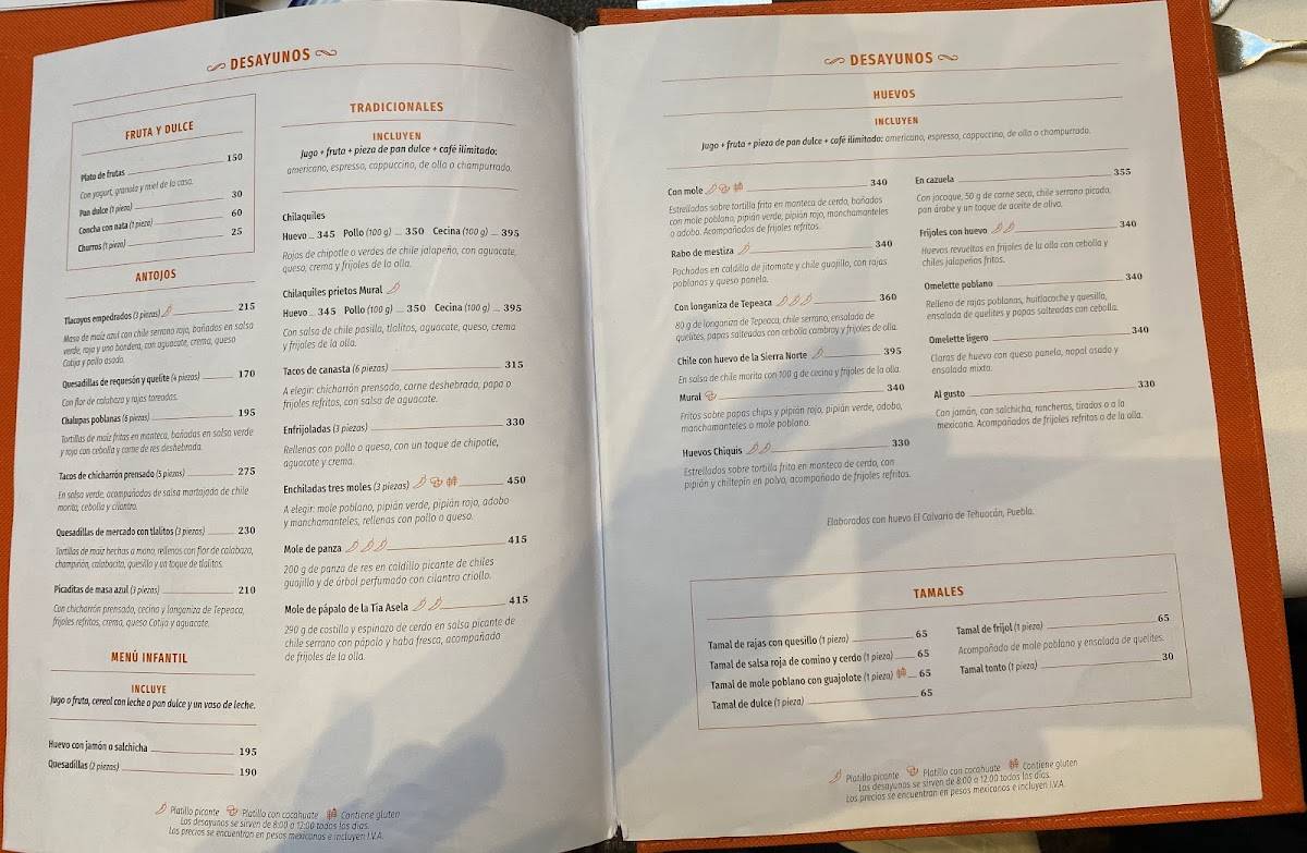 Menu at Mural de los Poblanos restaurant, Puebla City