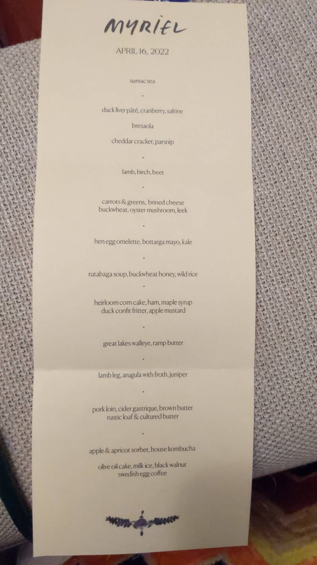 Menu at Myriel restaurant, Saint Paul