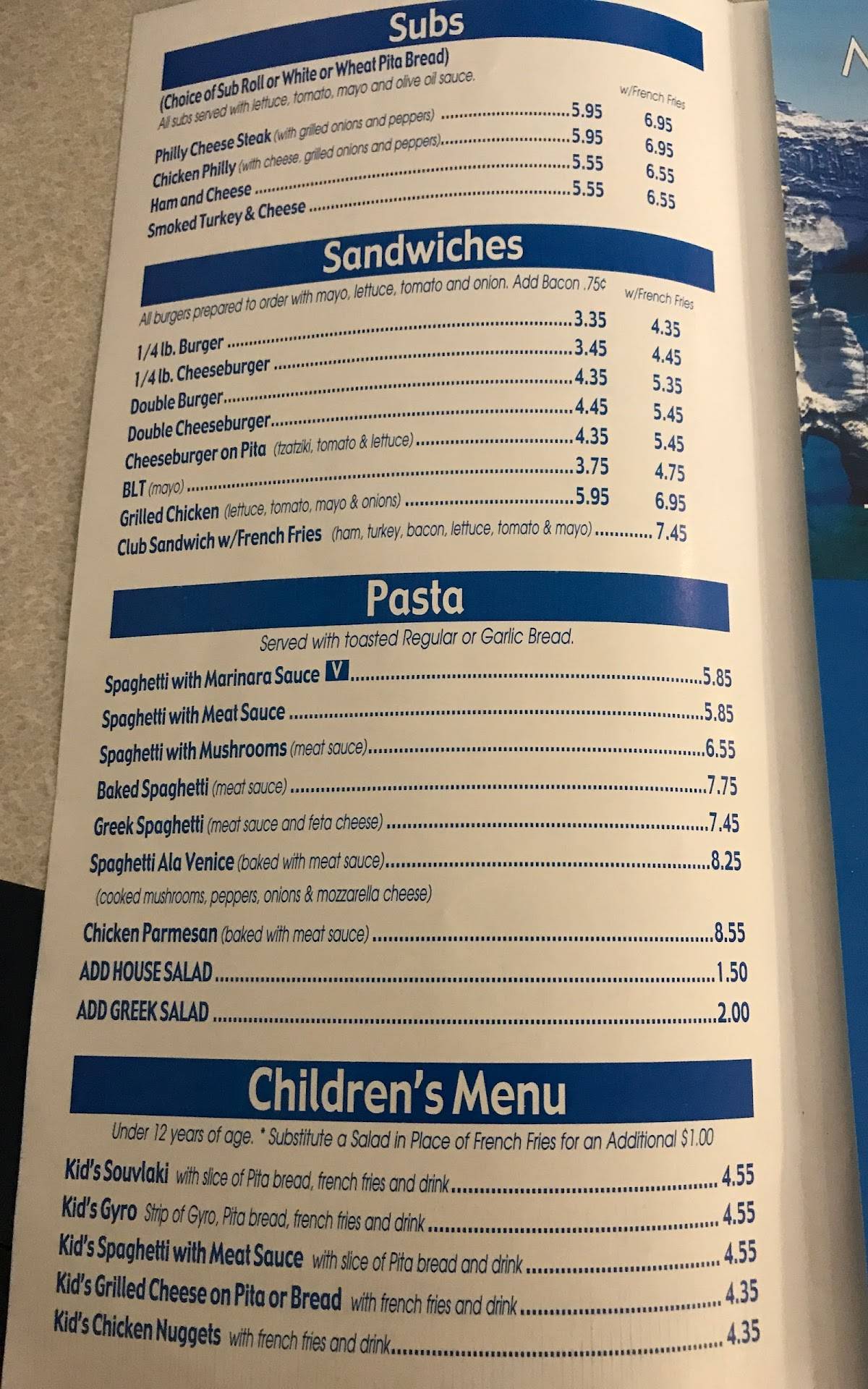 Menu at Mythos Grill restaurant, Greensboro, Battleground Ave