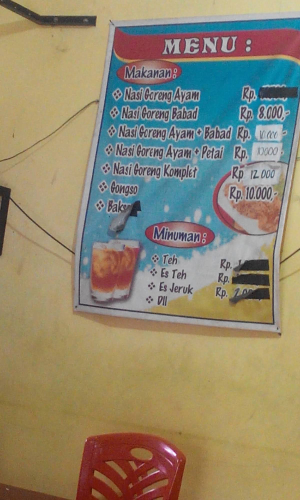 Menu at Nasi Goreng Pak Suroso restaurant, Semarang